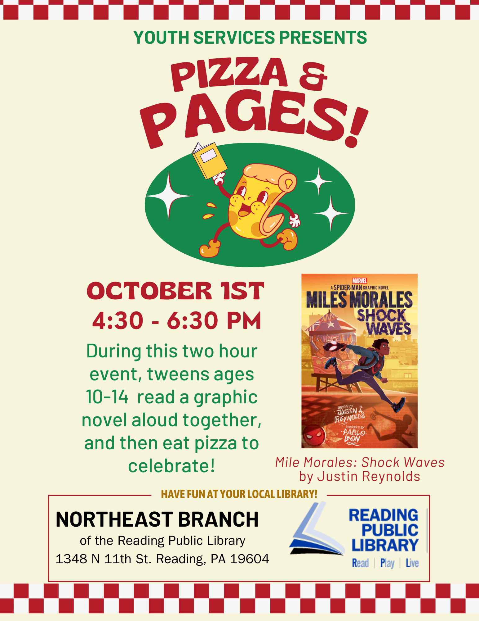 Pizza and Pages: Miles Morales Shock Waves - Reading Public Library