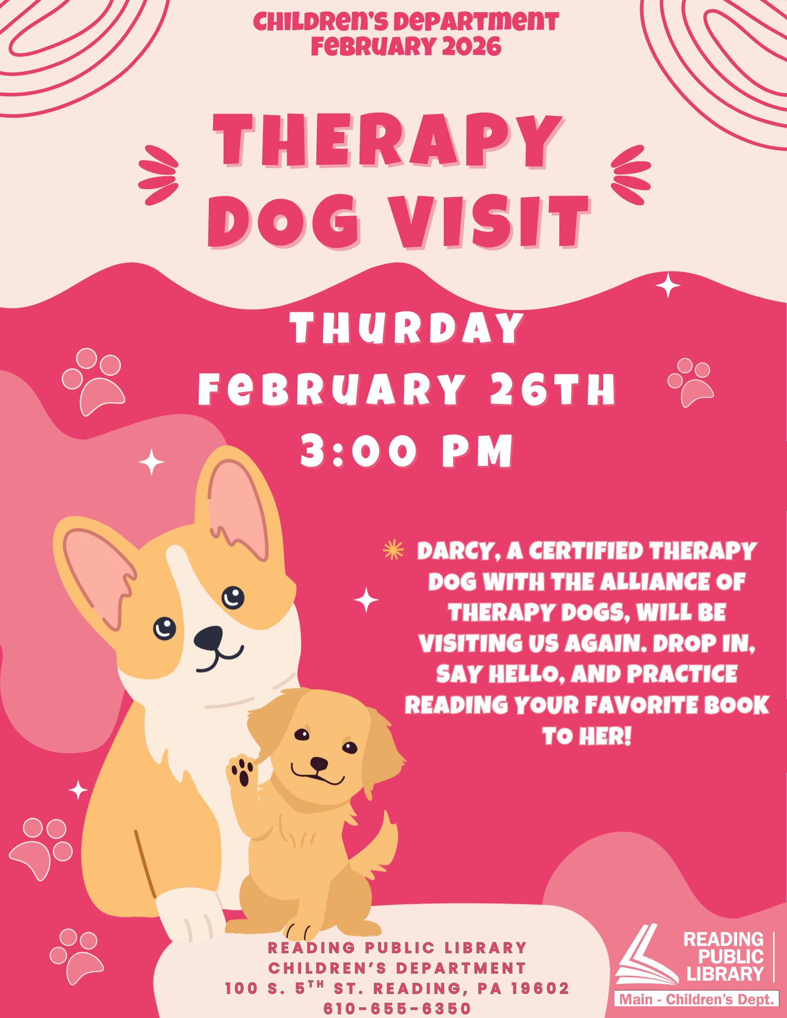 Read with Darcy the Therapy Dog - Reading Public Library